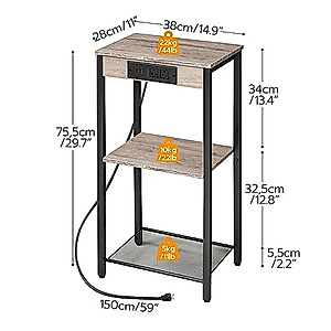 HOOBRO Tall End Table with Charging Station and USB Ports, 3-Tier Telephone Table, Small Entryway Table, Narrow Nightstand for Small Space in Living Room, Bedroom, Hallway, Rustic Brown BG09UDH01