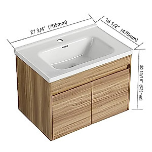 Sybrioka Floating Bathroom Vanity with Ceramic Sink, 28 Inch Modern Vanity Cabinet Wall Mounted, Bath Storage Cabinet Vanity Set with Wood Door