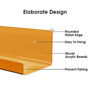 RRG 15 Inch Acrylic Floating Shelves, 2 Pack Kids Floating Bookshelf Wall Mounted Display Shelf for Books, Kids Room, Nursery, Bedroom, Bathroom, Living Room (Orange)