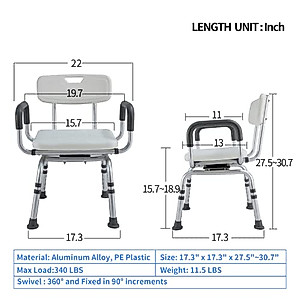 Jachee Swivel Shower Chair for Bathtub, Rotating Shower Chair for Inside Shower, Pivoting Shower Chair with Arms and Back, Height Adjustable Bath Chair Shower Chair for Seniors with Shower Head Holder
