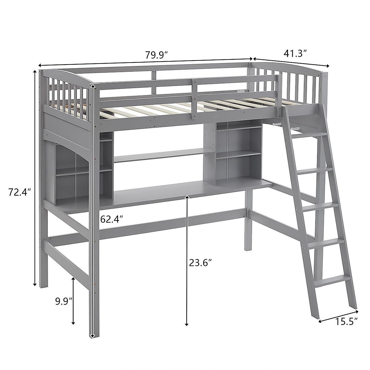 Karl home Loft Bed Twin Size, Wood Bed Frame with Safety Guardrails and Inclined Ladders, Bunk Bed with Desk and Shelves, Grey