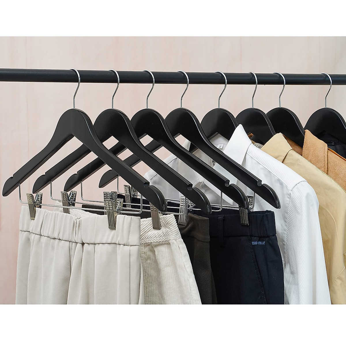HOUÍSM Wooden Suit Hangers Skirt Hangers with Clips, 16Pack Solid Wood Pants Hangers with Heavy-Duty Clips, Premium Smooth Finish Black Wooden Hangers for Clothes Coat, Jeans, Blouse