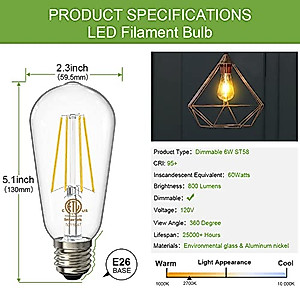 Volxon Dimmable E26 Edison Bulbs 60 Watt LED Equivalent, Vintage Style Antique Light Bulbs, 6W 2700K Warm White, High Brightness 800LM, LED Filament Bulb, 95+ CRI, ETL Listed(4 Pcs)