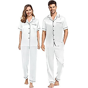 SWOMOG Women Satin Pjs Short Sleeve Silk Two-Piece- Sleepwear Classic Button-Down Casual Loose Pajama Set for Women White