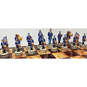 US American Civil War Generals Chess Set W/ 17" High Gloss Cherry & Burlwood Color Storage Board