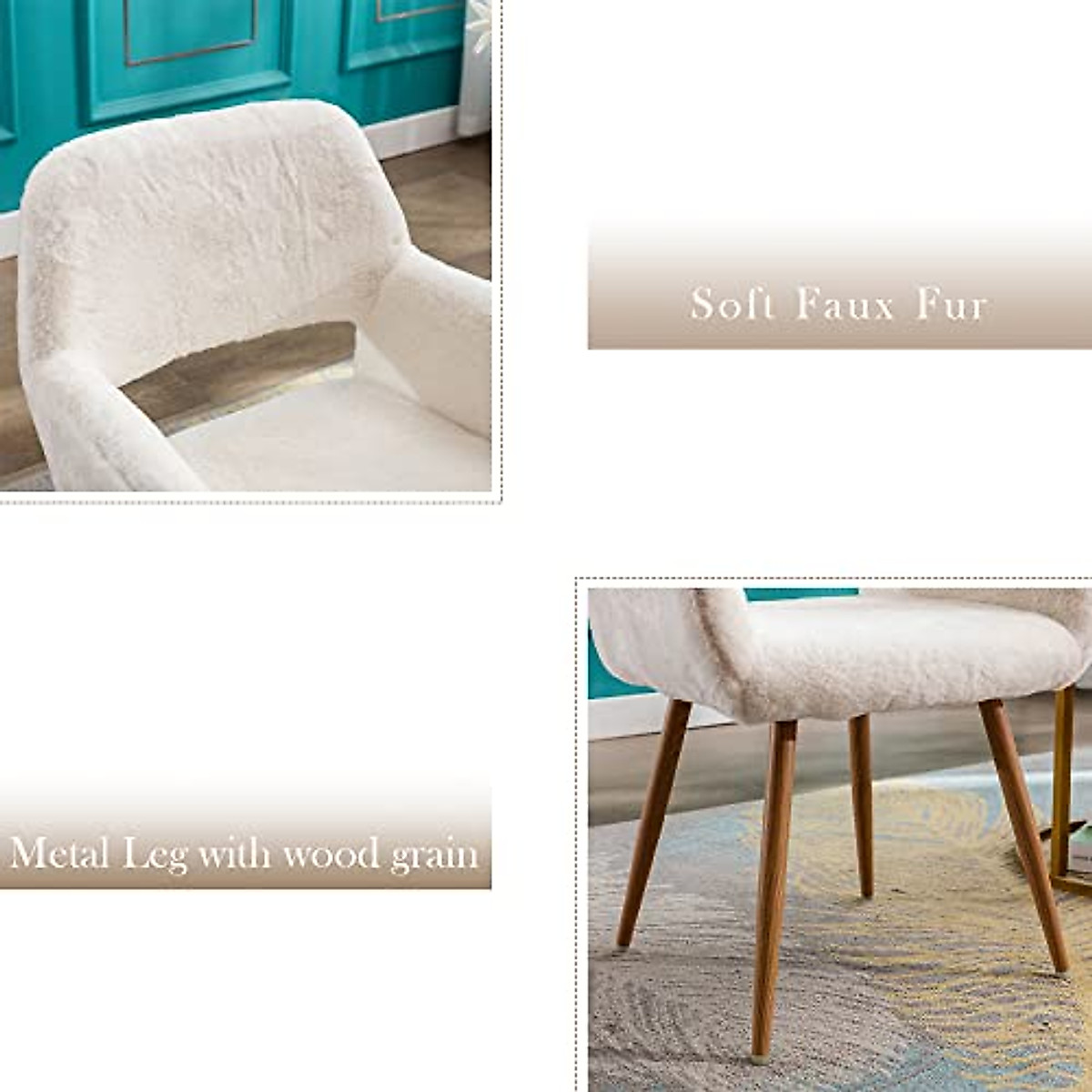 KCC Furry Desk Chair, Mid-Century Modern Accent Faux Fur Chair for Teen Girls, Comfy Armchair with Wood Look Metal Legs for Living Dining Room, Home Vanity Makeup Office Desk Chair No Wheel, White