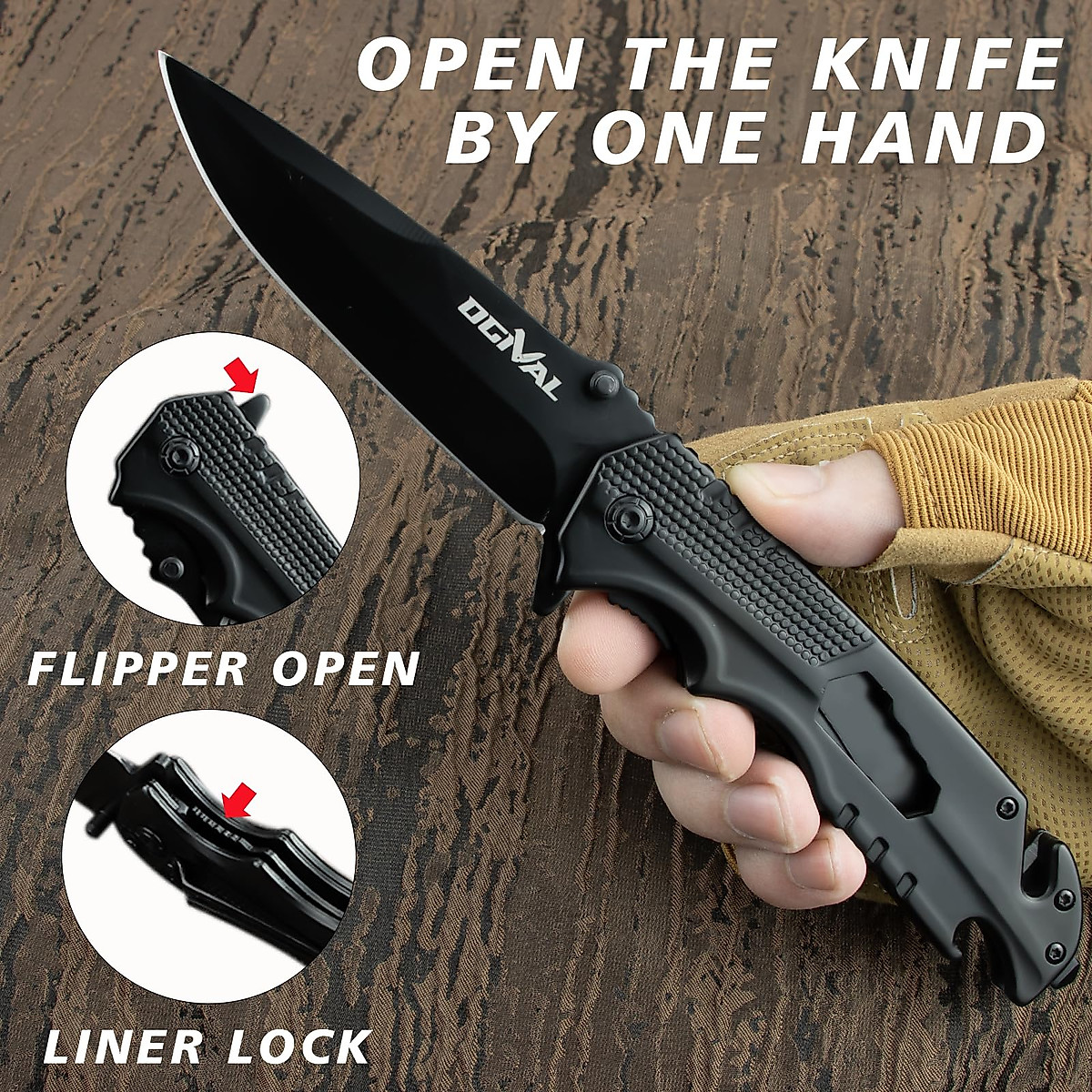 OGIVAL Pocket Knife，4inch Folding Knife with Nylon Sheath and Pocket Clip, Bottle Opener, Glass Breaker, Seatbelt Cutter and Wrench, Black