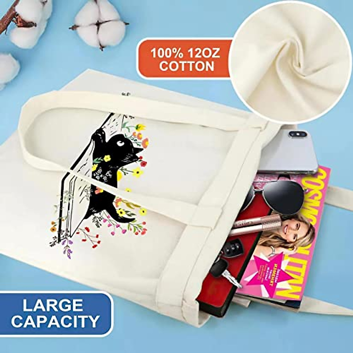 Andeiltech Tote Bag for Women Aesthetic Cute Canvas Tote Bag with Zipper Pocket Cat Book Flower Graphic Grocery Reusable Bags for Beach shopping bag