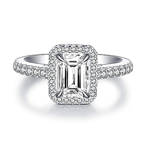 BeFab Silver 1.0 Ct (7x5mm) Emerald Cut Engagement Ring Accented Halo Wedding Ring Half Eternity Radiant Cut Anniversary Ring (Silver, 7)