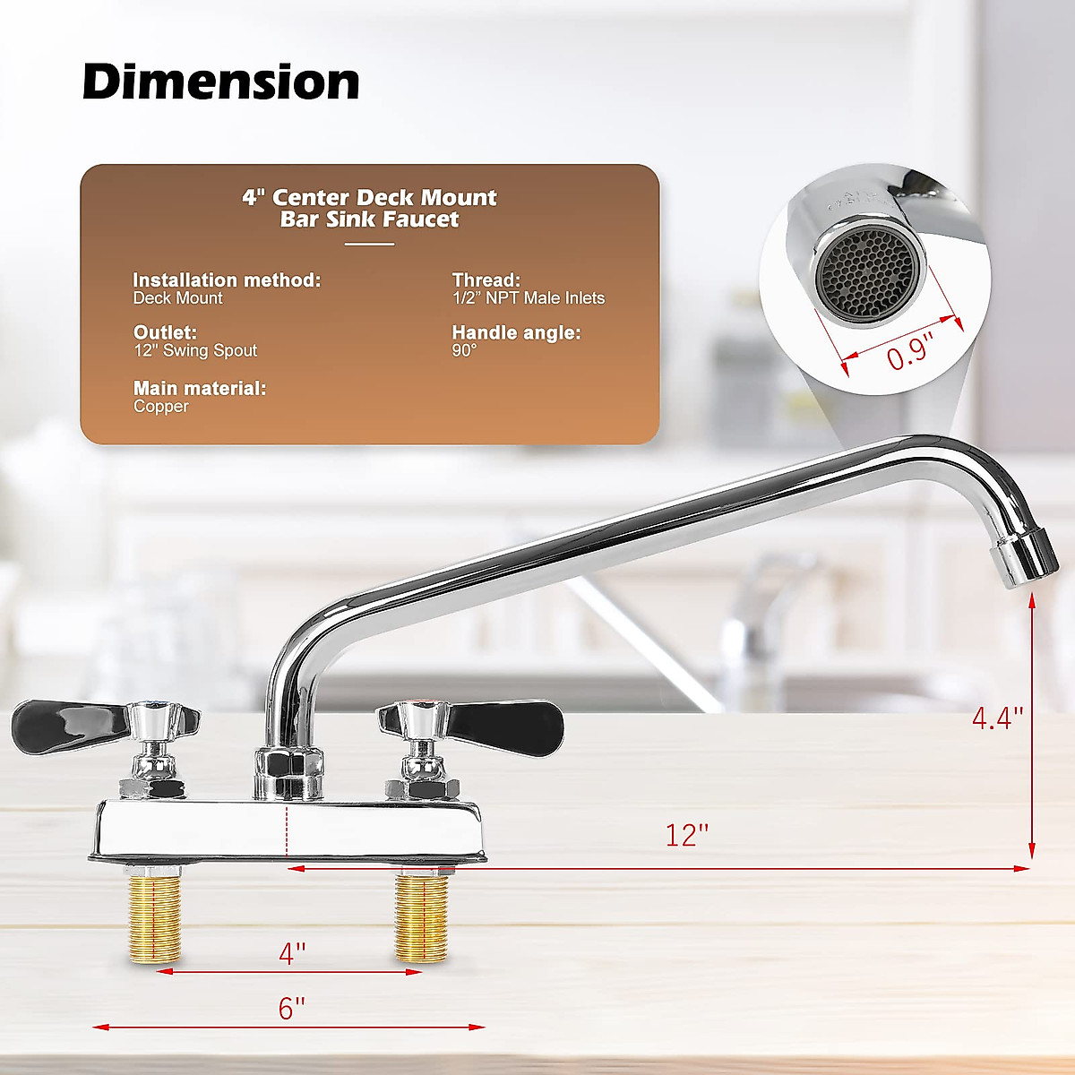 Commercial Bar Sink Faucet 4 Inch Center Deck Mount Bar Sink Faucet 2 Hole Brass Constructed & Chrome Polished with 12" Swivel Spout & Dual Lever Handles