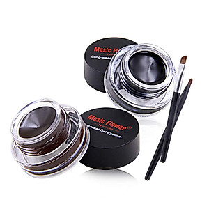 Music Flower Gel Eyeliner, Black and Brown Eyeliner Waterproof Long Lasting Smudge Proof Gel Liner with 2 Brushes, Easy to Eye Makeup and Remove, 3 g, Pack of 2