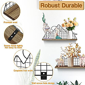 YOCOMEY 2 Packs Floating Shelves for Wall with Mountain Moon Cloud Decor, Rustic Wood Wall Shelves with Metal Wire, Wall Mounted Display Storage Geometric Decor for Bathroom Nursery Bedroom Office