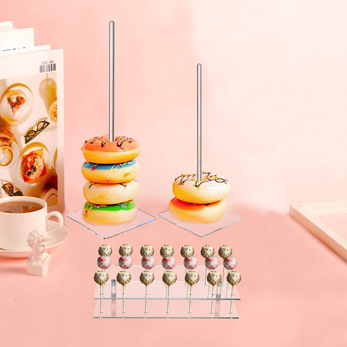 Donut Stands and Cake Pop Stand Kit, Clear Acrylic Stand,1 pcs 21Holes Lollipop Holder and 4 Pcs Donut Holders for Weddings Baby Showers Birthday Parties Anniversaries Halloween Candy Decorative