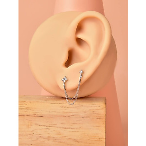 Lansora Double Piercing Earrings Silver Gold Cz Cubic Zirconia Stone Chain Link Dangle Stud Earrings