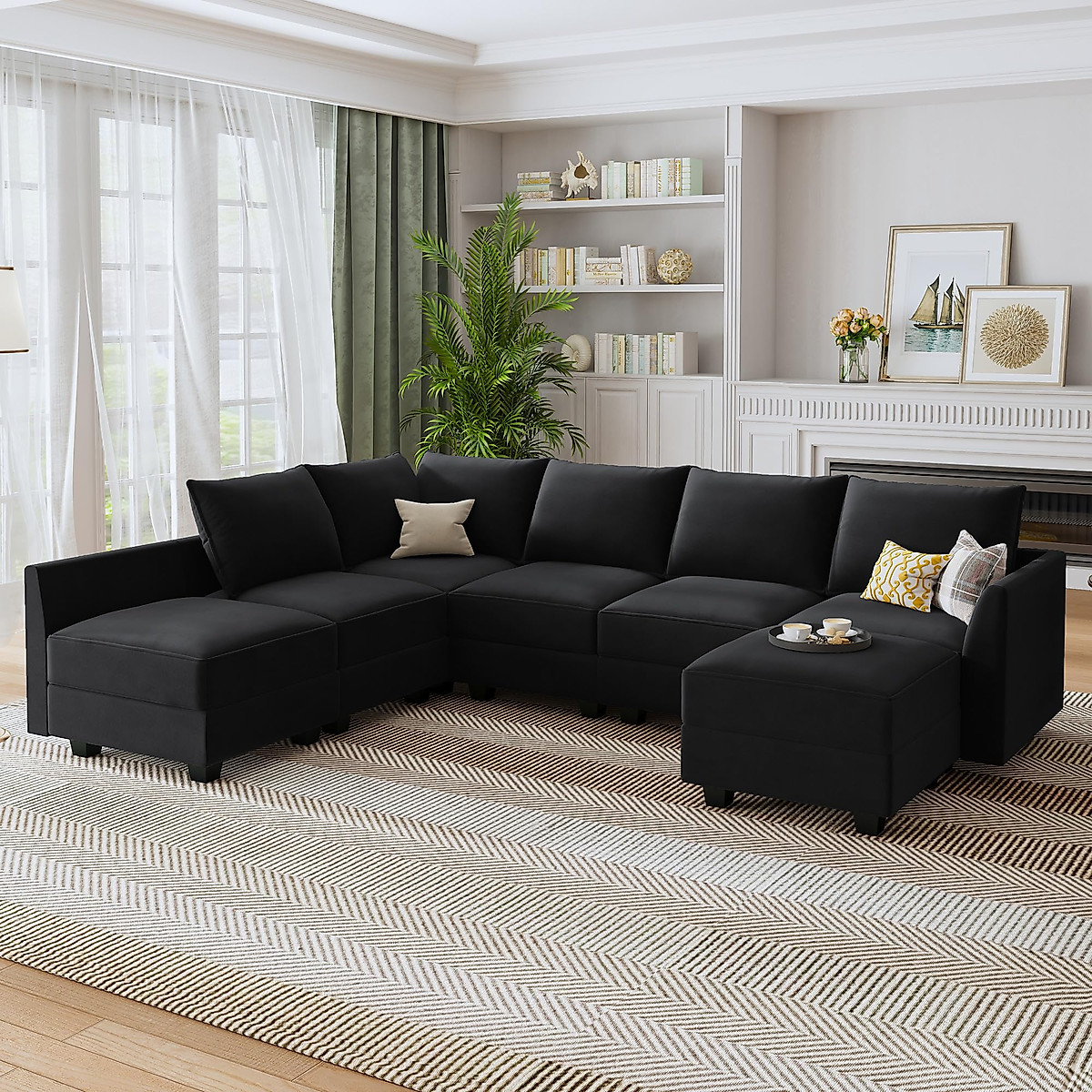 HONBAY Modular Sectional Sofa with Storage Ottoman Velvet Modular Couch with Reversible Chaise L Shape Sectional Couches for Living Room,Black
