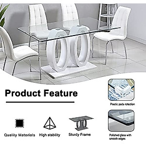 Modern Tempered Glass Dining Table for 6 Persons, 63'' Rectangilar Dining Room Table with Dual O-Shaped High Glossy Wood Base, Elegant Kitchen Table Versatile Glass Table for Home (White)