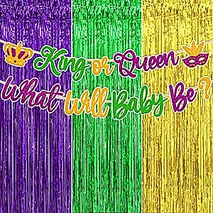 Mardi Gras Gender Reveal Decorations King Or Queen What Will Baby Be Banner Foil Curtains Backdrop Carnival Fleur De Lis Shrove Fat Tuesday New Orleans Masquerade Theme Baby Shower Party Supplies