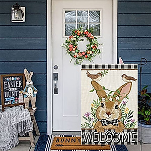 CROWNED BEAUTY Easter Bunny Garden Flag Floral 12x18 Inch Double Sided for Outside Burlap Small Buffalo Plaid Birds Welcome Yard Holiday Flag CF717-12