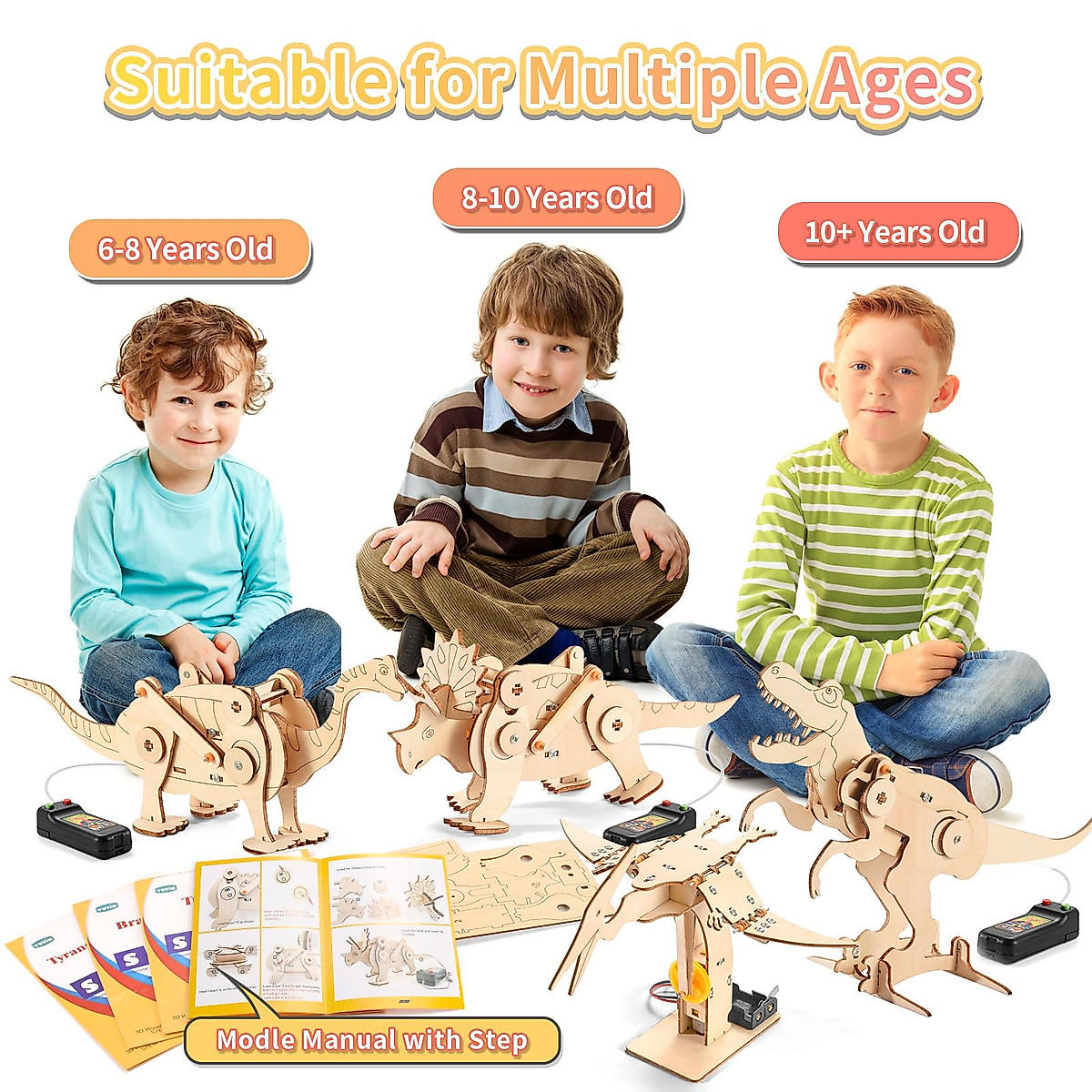 Dinosaur STEM Kits for Kids Ages 6-8-10-12, 4 in 1 Wood Building Toys for Boys Age 8-12, Build It Yourself Woodworking Kit, DIY 3D Wooden Puzzles Model Science Crafts for Kids, Stem Projects