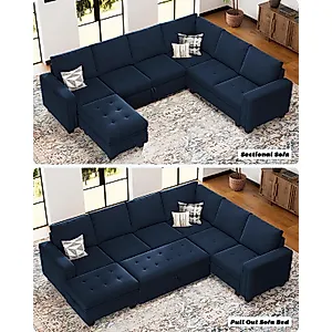 Belffin Modular Sectional Sleeper Sofa with Pull Out Bed U Shaped Sectional Sofa Couch with Storage Ottoman Velvet Covertible 7-Seater Sofa for Living Room Blue