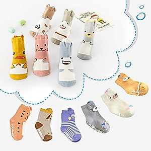 Fanairy Baby Boys Girls Socks with Grips Toddler Infant Non-Skid Crew Cotton Cartoon Socks 12 Pack, Assorted Color, 1-3T