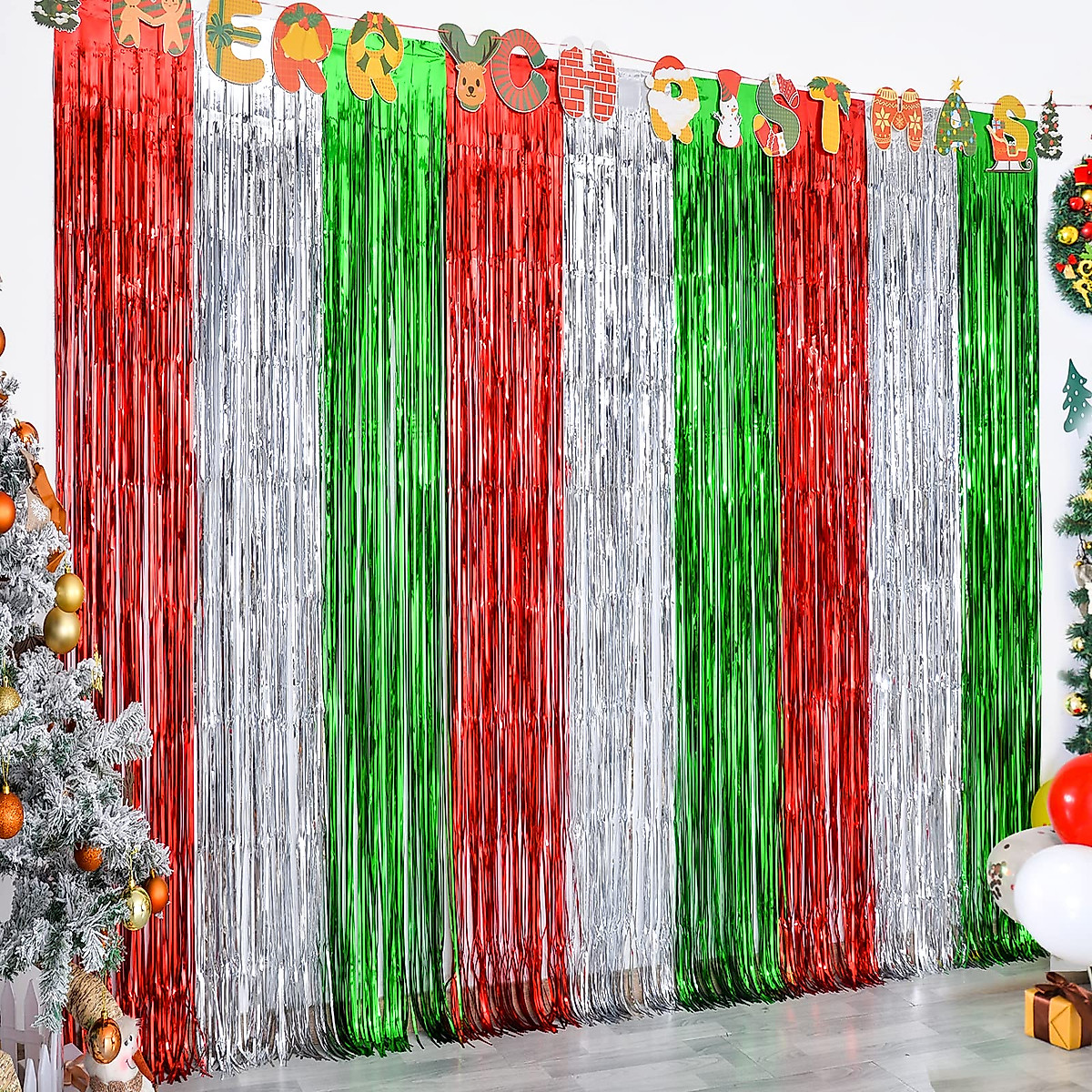 LOLStar 5 Pack Christmas Foil Fringe Curtains Christmas Party Decoration 3.3 X 6.6 ft Red Silver Green Tinsel Fringe Party Photo Backdrop Streamer Backdrop for Christmas, New Year, Ugly Sweater Party
