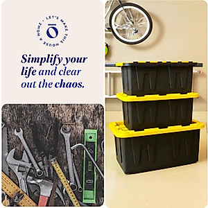 HOMZ 15-Gallon Durabilt Plastic Stackable Storage Organizer Container w/Snap Lid and Hasps for Tie-Down Straps or Locks, Black/Yellow (4 Pack)