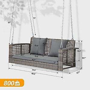 VINGLI 4 FT Rattan Porch Swing Outdoor Support 800 LBS with Cushions & Adjustable Chains, Patio Wicker Swing Bench Chair for Garden, Yard, Lawn, Tree, Grey