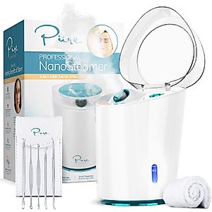 NanoSteamer PRO Professional 4-in-1 Nano Ionic Facial Steamer for Spas - 30 Min Steam Time - Humidifier - Unclogs Pores - Blackheads - Spa Quality - 5 Piece Stainless Steel Skin Kit Included
