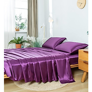 Revdomfly 4 Pcs Full Size Luxury Silky Soft Purple Satin Sheet Set,1 Premium Moisture Wicking Fitted Sheet Fits Up to 16 Inches Deep Pocket + 1 Flat Sheet + 2 Pillowcases（Purple, Full）