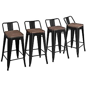 Yaheetech 26 inch Low Back Metal Bar Stools Set of 4 Counter Height Barstools with Wooden Seat Industrial Counter Stool Bar Chairs for Home Kitchen Black