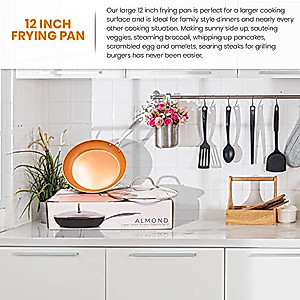 Almond 12 Inch Non-Stick Frying Pan with Lid - Copper Ceramic Fry Pans with Tempered Glass Lid & Stainless Steel Handle, Round Aluminum Saute Pan, Dishwasher and Oven Safe - 12 inches