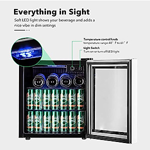 HBN Mini Beverage Refrigerator - 1.6Cu Ft/ 60 Can Beverage Cooler with Glass Door & Adjustable Shelves for Soda, Beer, Wine - Freestanding Beverage Fridge for Home, Bar, Office