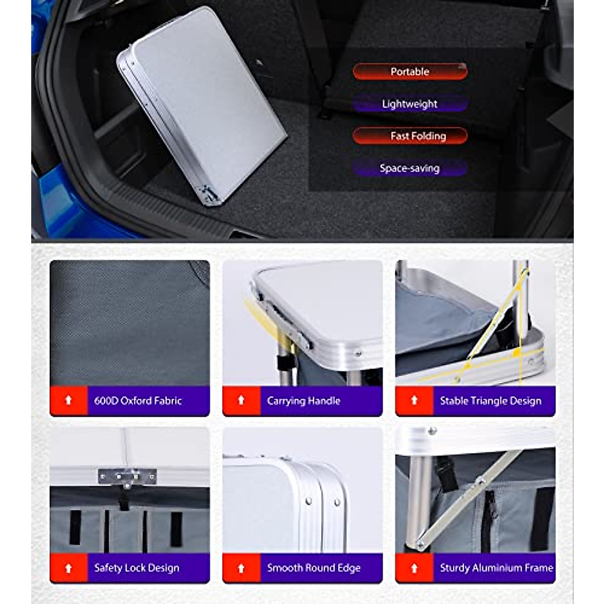 Nice C Folding Table Height Adjustable, Camping Table, Storage Kitchen Table, Lightweight Aluminum, with Carry Handle for Outdoor, Beach, BBQ, Picnic, Cooking, Festival, Indoor, Office