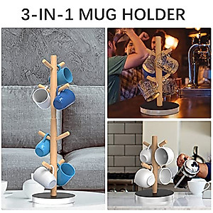 ONEDONE Mug Tree, Coffee Mug Holder 3-in-1 Coffee Mug Tree for Counter 22" Height Adjustable Solid Wood Coffee Cup Holder Anti-tip Coffee Mug Stand with 0.8" Thick Acrylic Bases (Black & Clear)