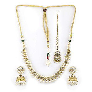 Priyaasi Kundan Indian Jewellery Set for Women with Mang Tikka | Gold-Plated | Floral-Leaf Design | Pearl Drop | Indian Bridal Jewelry Set for Wedding | Jhumka Earrings | White & Golden