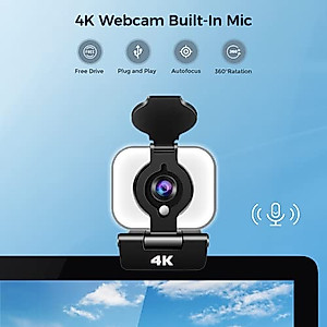 4K Webcam, USB Webcam with Microphone Privacy Cover UHD Built-in Ring Light Streaming Webcams for PC/MAC/Laptop, Plug and Play Web Camera for Video Calling, Study, Gaming, Online Classes, Conference