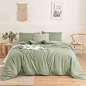 Nanko Queen Duvet Cover Set Sage Green Light Green 3pc 90x90 Luxury Microfiber Comforter Quilt Bedding Cover with Deco Buttons Zip Closure Ties - Modern Elegant Style for Men and Women Chambray Teen