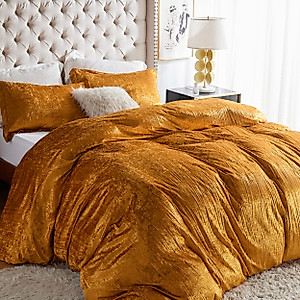Bedsure Velvet Duvet Cover Set - Luxurious, Glossy Queen Duvet Cover Set, Honey Yellow Duvet Cover Queen with 2 Pillow Shams (Honey Yellow, Queen, 90 x 90 inches)