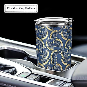 Amooorous Blue and Gold Sun Folding Fan Stainless Steel coffee cups with lids with Straw Leak Resistant Flip mug for hot drinks for hot and cold drinks simple tumblers with lids termos para cafe
