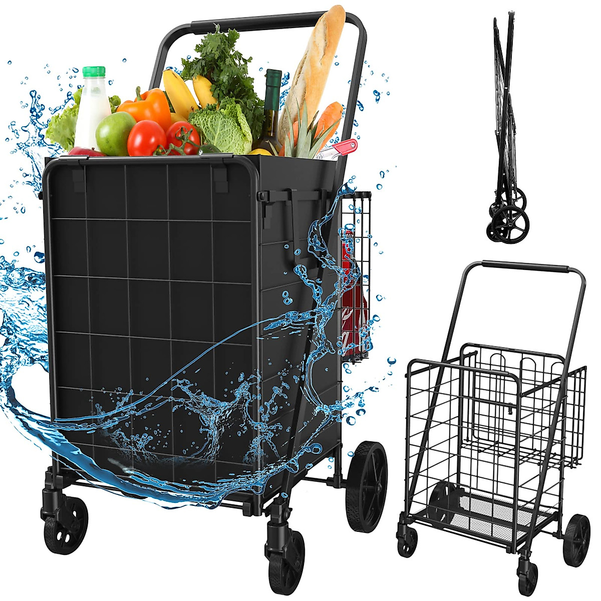 Shopping Cart for Groceries,Jumbo Upgraded Grocery Cart with Waterproof Liner, 360° Rolling Swivel Wheels and Double Basket, Heavy Duty Folding Shopping Cart for Shopping Laundry-Hold Up to 340 LBS