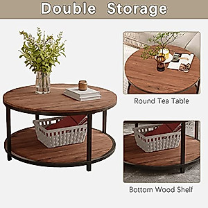 NSdirect 36” Round Coffee Table, Rustic Wooden Surface Top & Sturdy Metal Legs Industrial Sofa Table for Living Room Modern Design Home Furniture with Storage Open Shelf (Dark Walunt)