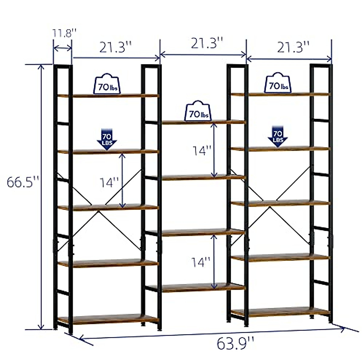 NUMENN Triple Wide 5 Tier Bookshelf, Rustic Industrial Style Bookcases and Bookshelves with 14 Open Display Shelves, Modern Tall Bookcase Furniture for Bedroom, Living Room and Home Office, Vintage