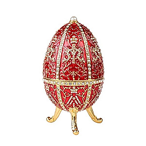QIFU Vintage Red Faberge Egg Style Enameled Trinket Box Hinged, Unique Gift for Family(QF5825)