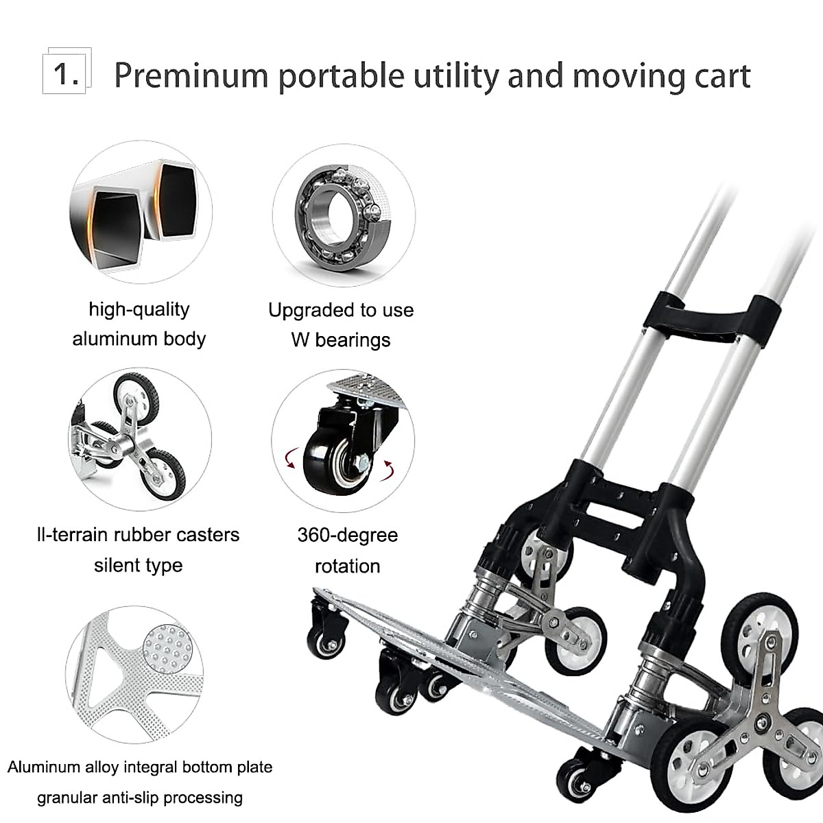 RJTEK 180 lbs Hand Truck Stair Climber Folding Grocery Cart Dolly cart Hand Truck Dolly Stair Climbing cart Heavy-Duty Lightweight Trolley