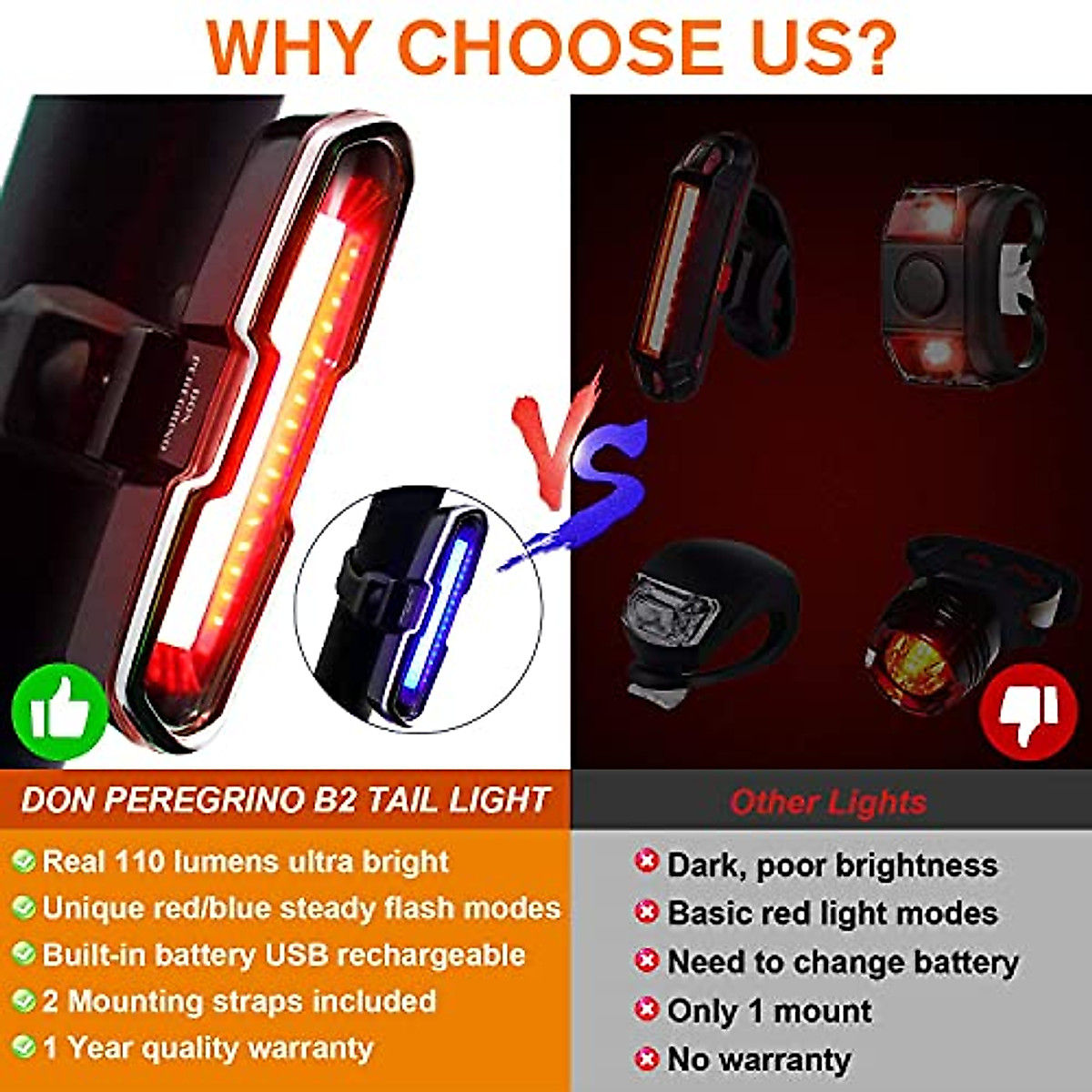 Bike Tail Light Powerful 110 Lumens - Waterproof & Rechargeable USB-C, Quick Release Mounts with 5 Red/Blue Modes for Night Riding, DON PEREGRINO B2 Rear Bike Light