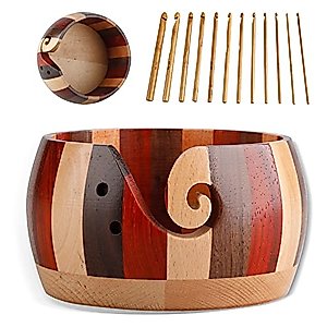 Durable Wooden Yarn Storage Bowls with 12 pcs Bamboo Handle Crochet Hook, Mix Color Yarn Knitting Holder Basket for Crocheting for Wool Ball, Handmade Craft Crochet Kit Organizer for Mother's Day