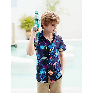 RAISEVERN Big Boys Cotton Dress Shirt Casual Galaxy Button Down Short Sleeve Cartoon Planets Print Cool Sports T-Shirt(9-10 Years)