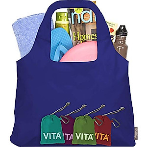 ChicoBag Vita Reusable Tote Bag with Carabiner Clip | Compact Reusable Shopping Bags | Eco Friendly | Mazarine Blue
