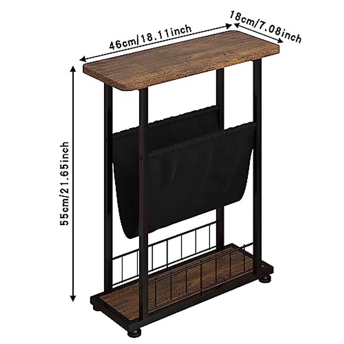 Walmokid 3 Tier Side Table with Magazine Holder, Industrial End Table with Open Storage, Wooden Bedside Table, Nightstand for Living Room, Bedroom, Small Spaces, Easy Assembly, Rustic Brown